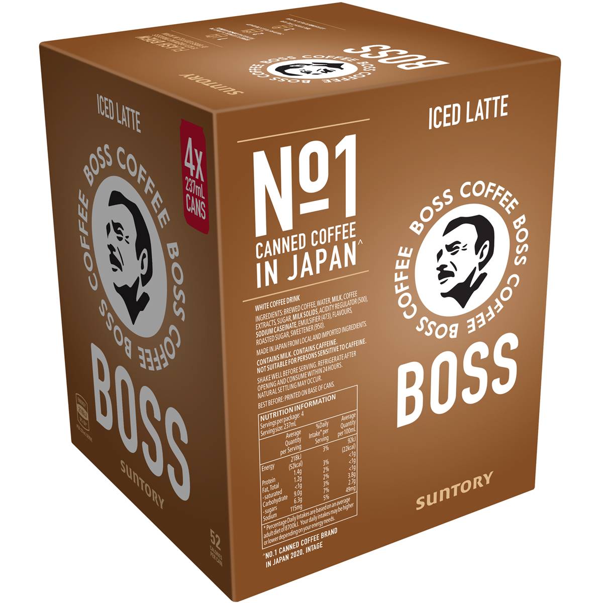 Suntory Boss Coffee Iced Latte Cans 237ml X4 Pack | Woolworths
