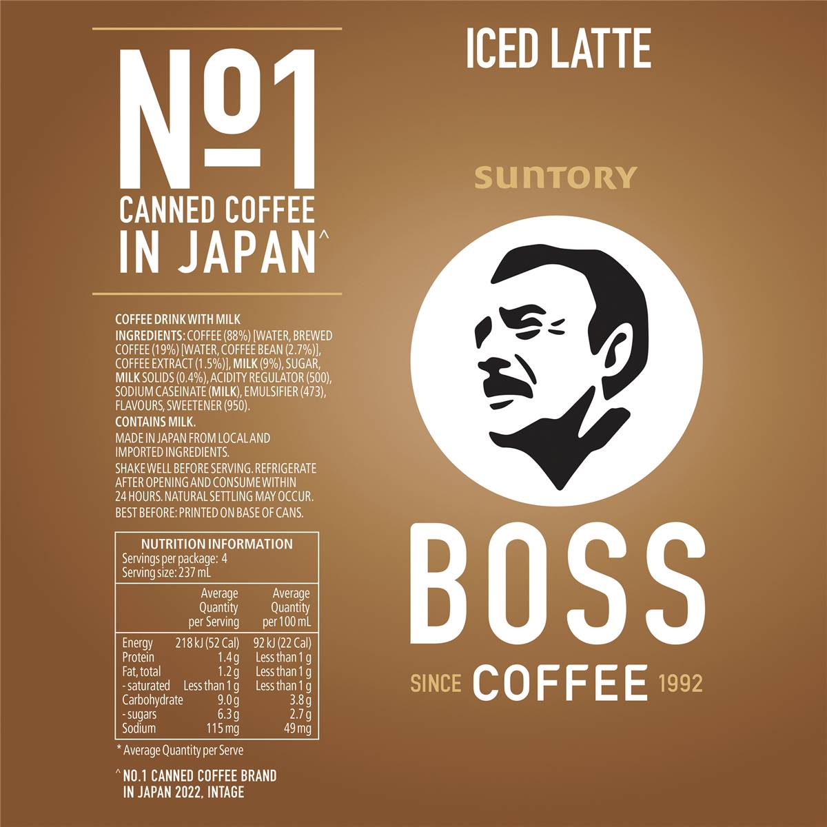 Suntory Boss Coffee Iced Latte Cans 237ml X4 Pack | Woolworths