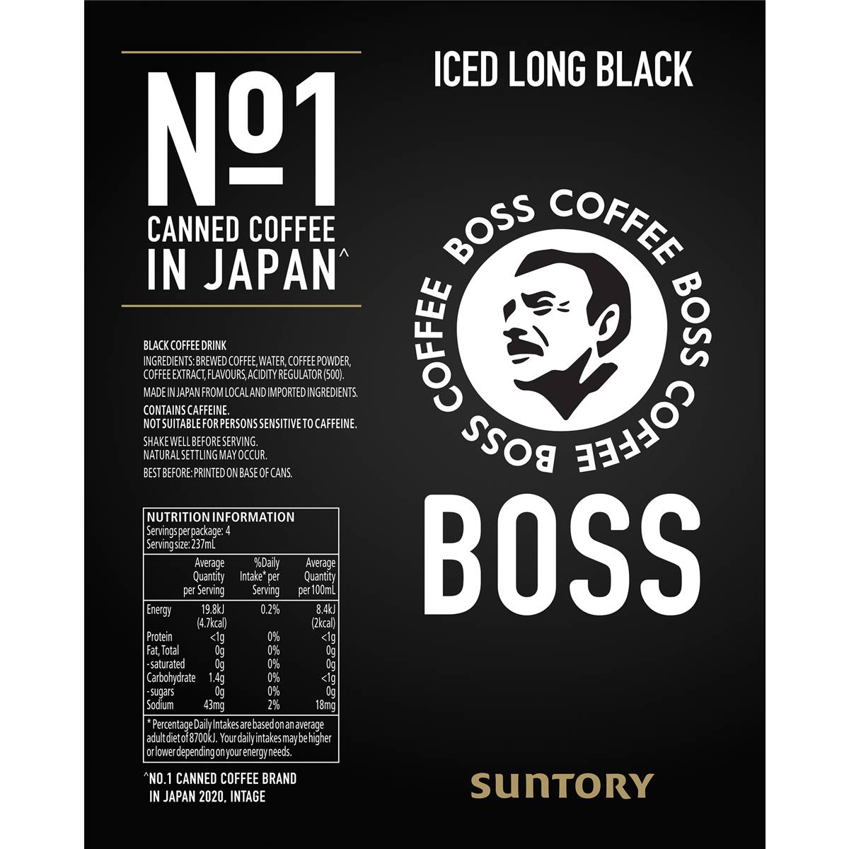 Suntory Boss Coffee Iced Long Black Cans 237ml X4 Pack | Woolworths