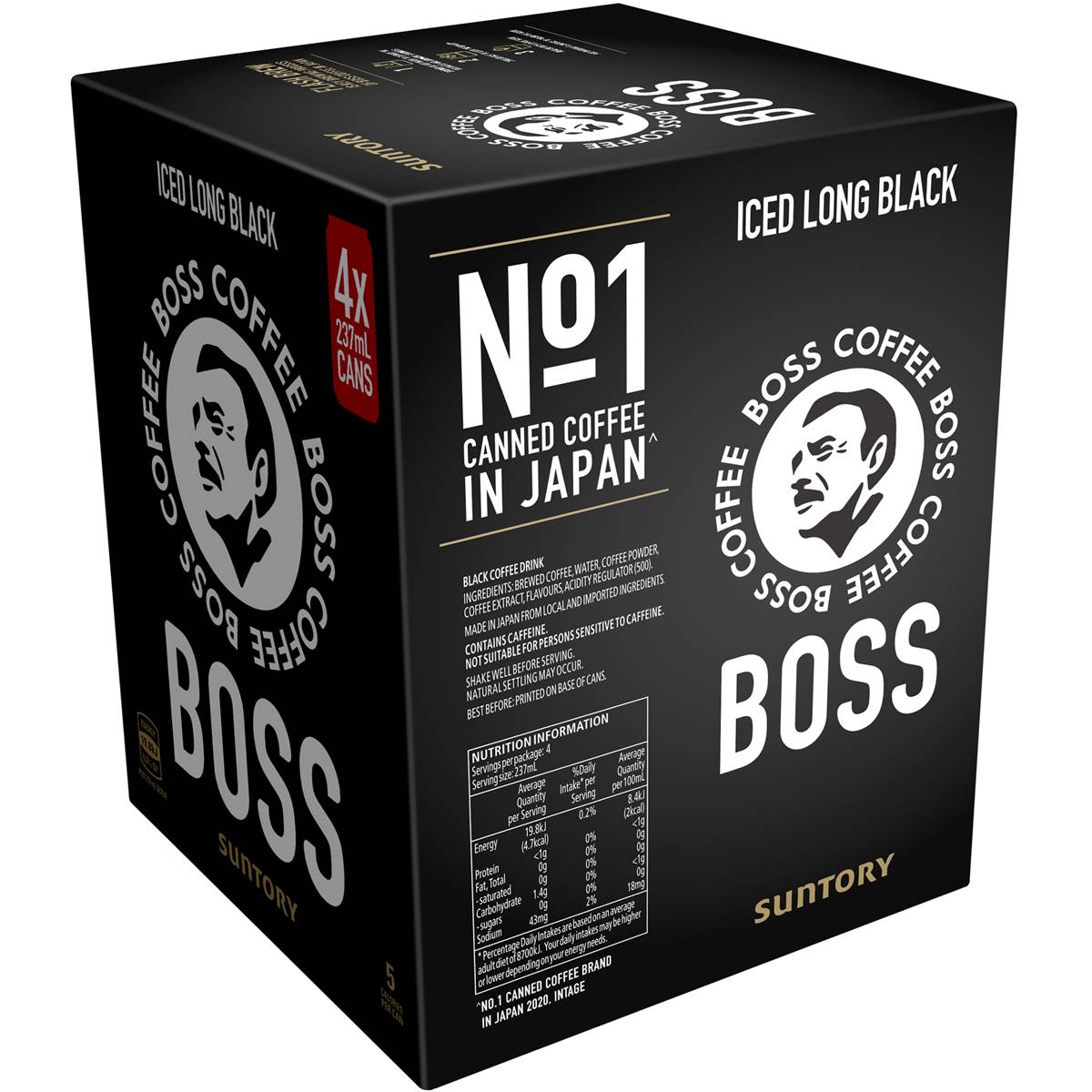 Suntory Boss Coffee Iced Long Black Cans 237ml X4 Pack | Woolworths