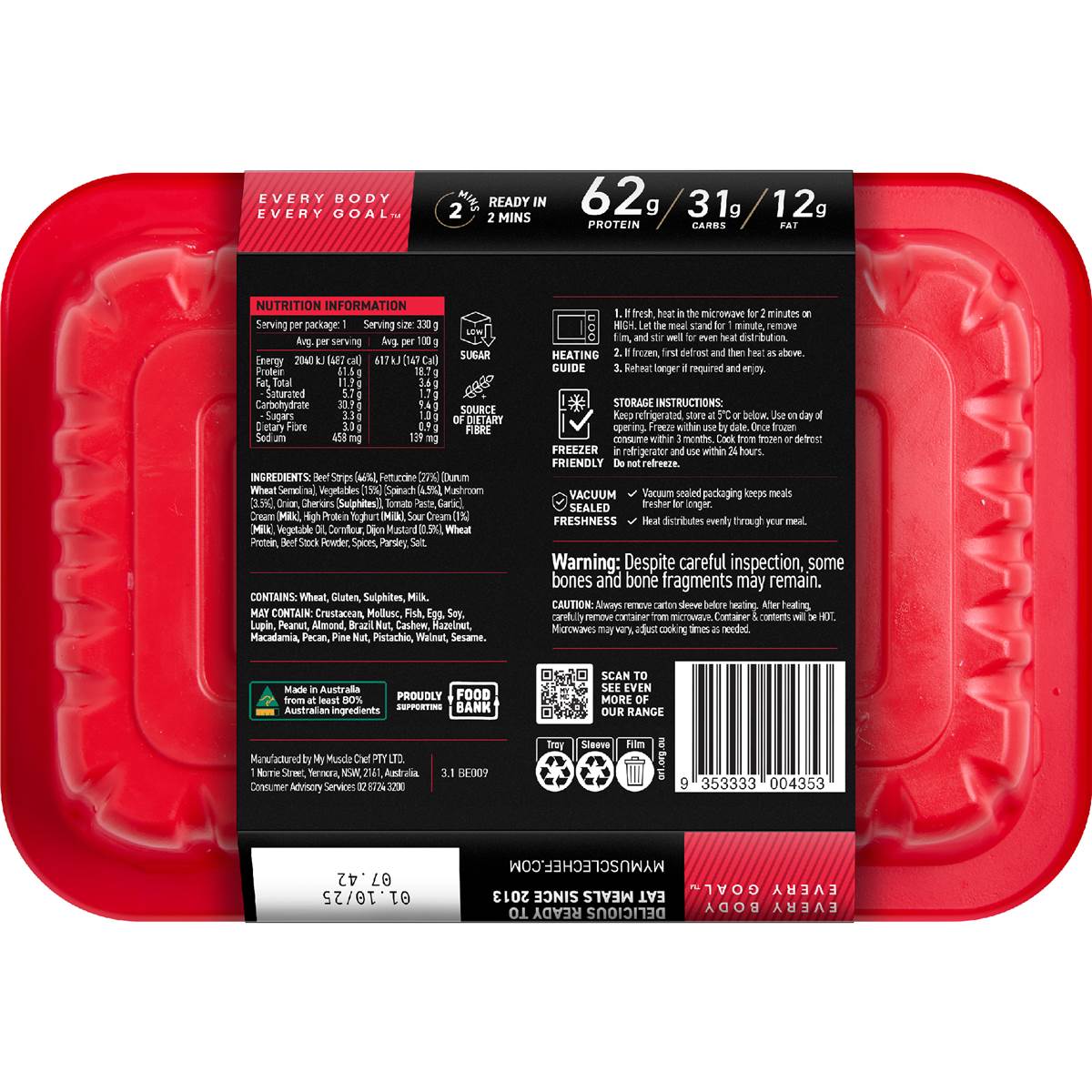 My Muscle Chef Beef Stroganoff Fettuccine Chilled Meal 330g | Woolworths