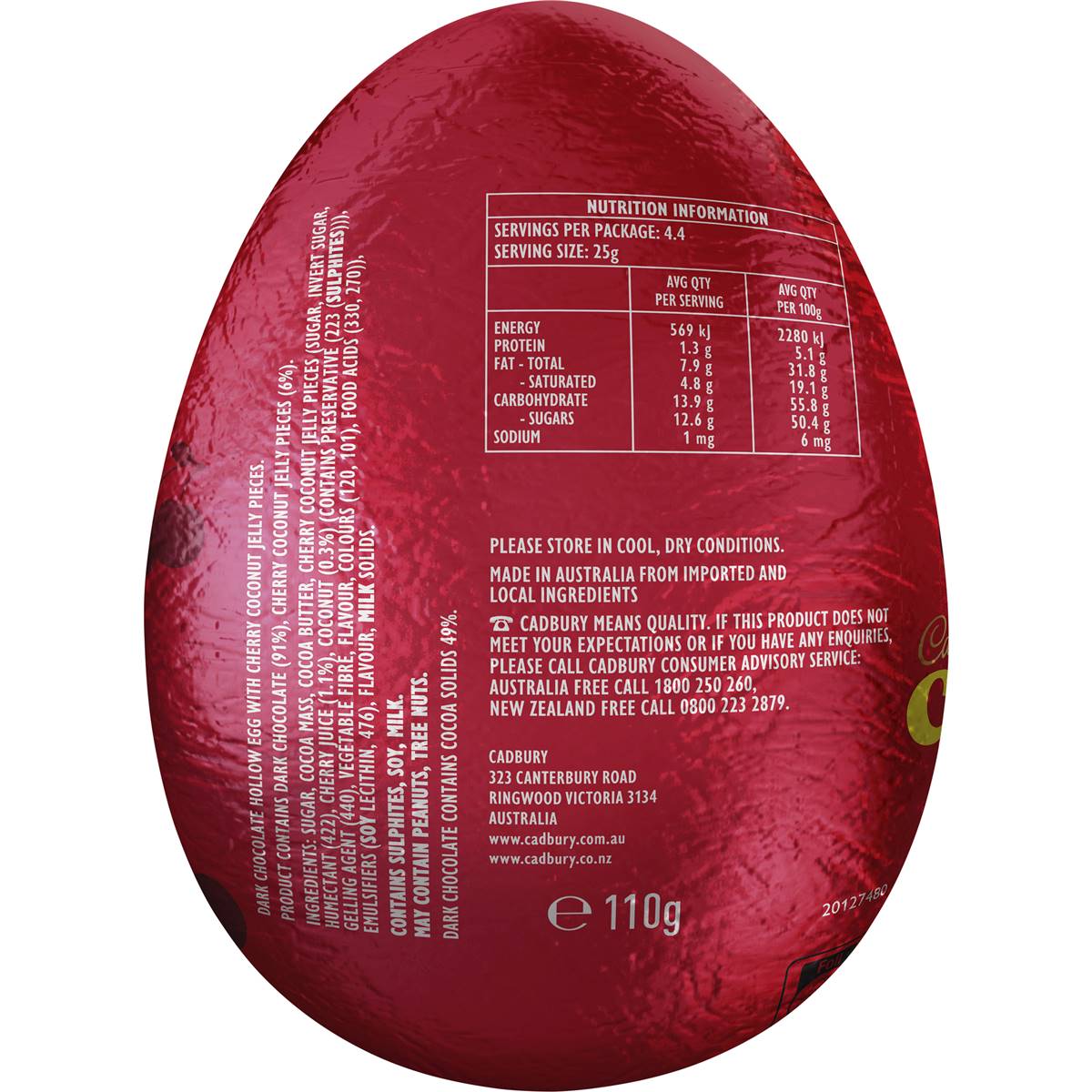 Cadbury Cherry Ripe Hollow Chocolate Easter Egg 110g | Woolworths