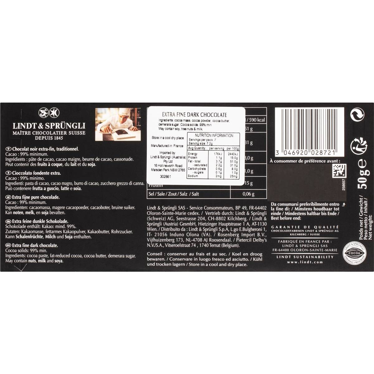 Lindt Excellence 99% Cocoa Dark Chocolate Block 50g | Woolworths