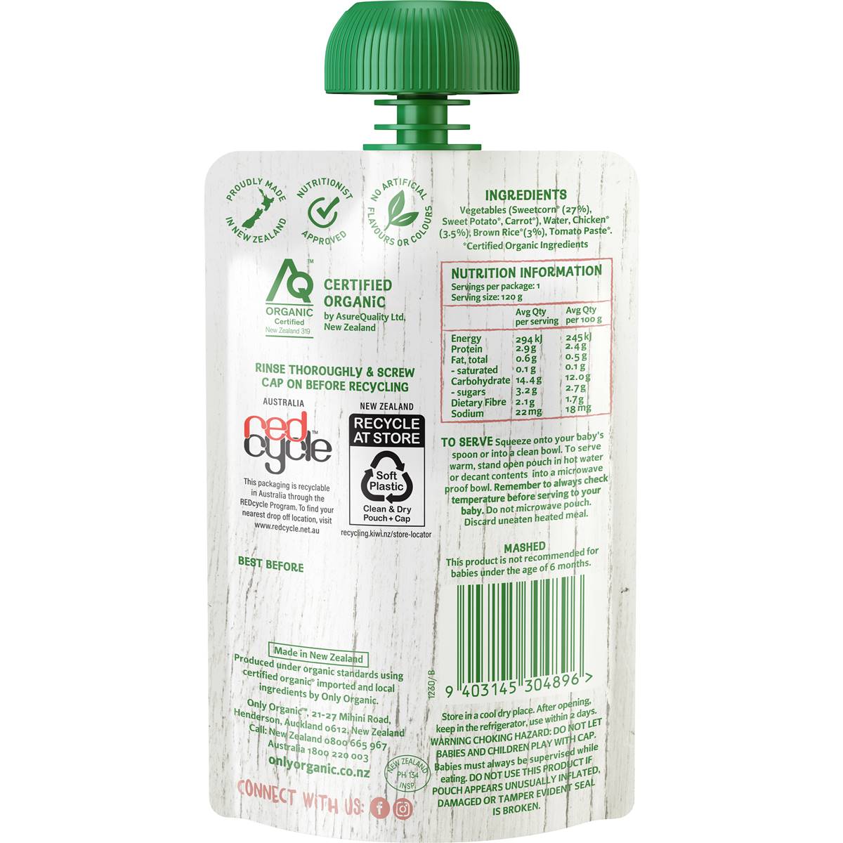 Only Organic Chicken Sweetcorn & Brown Rice 6+ Months 120g | Woolworths