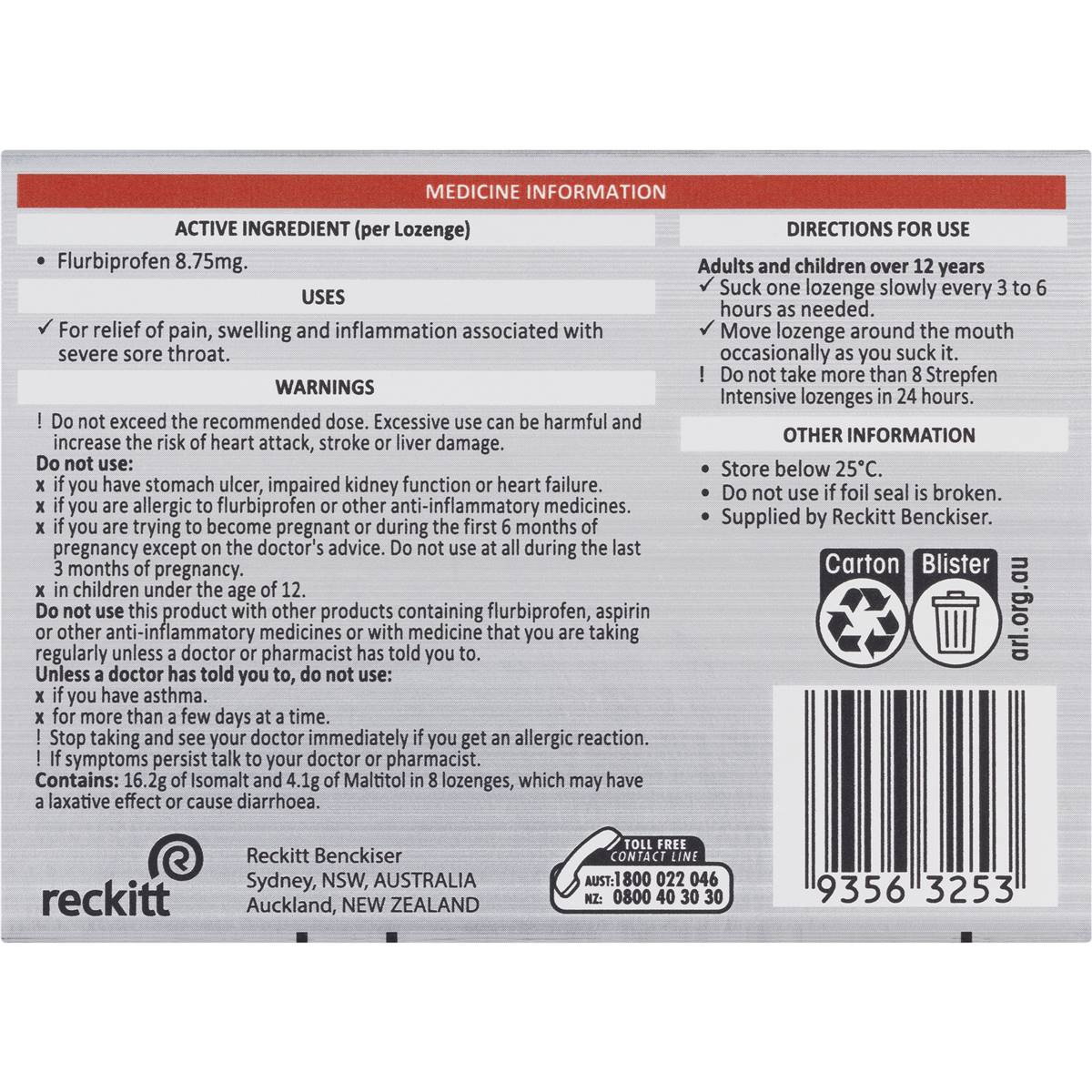 Strepfen Intensive Throat Lozenges Sugar Free Orange 16 Pack | Woolworths