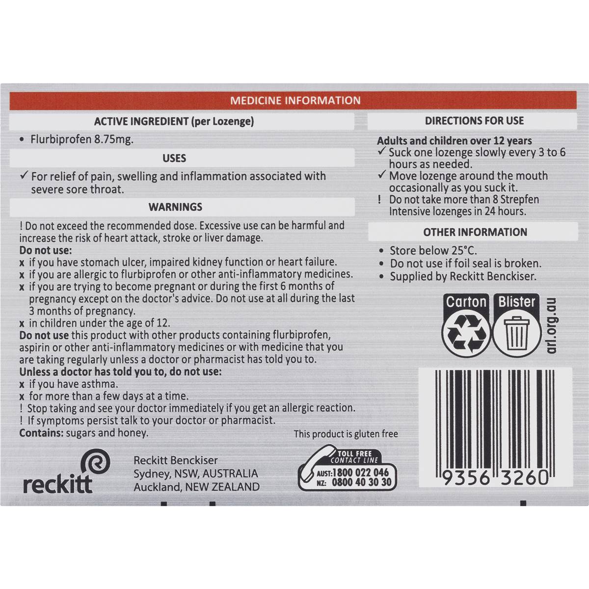 Strepfen Intensive Throat Lozenges Honey & Lemon 16 Pack | Woolworths