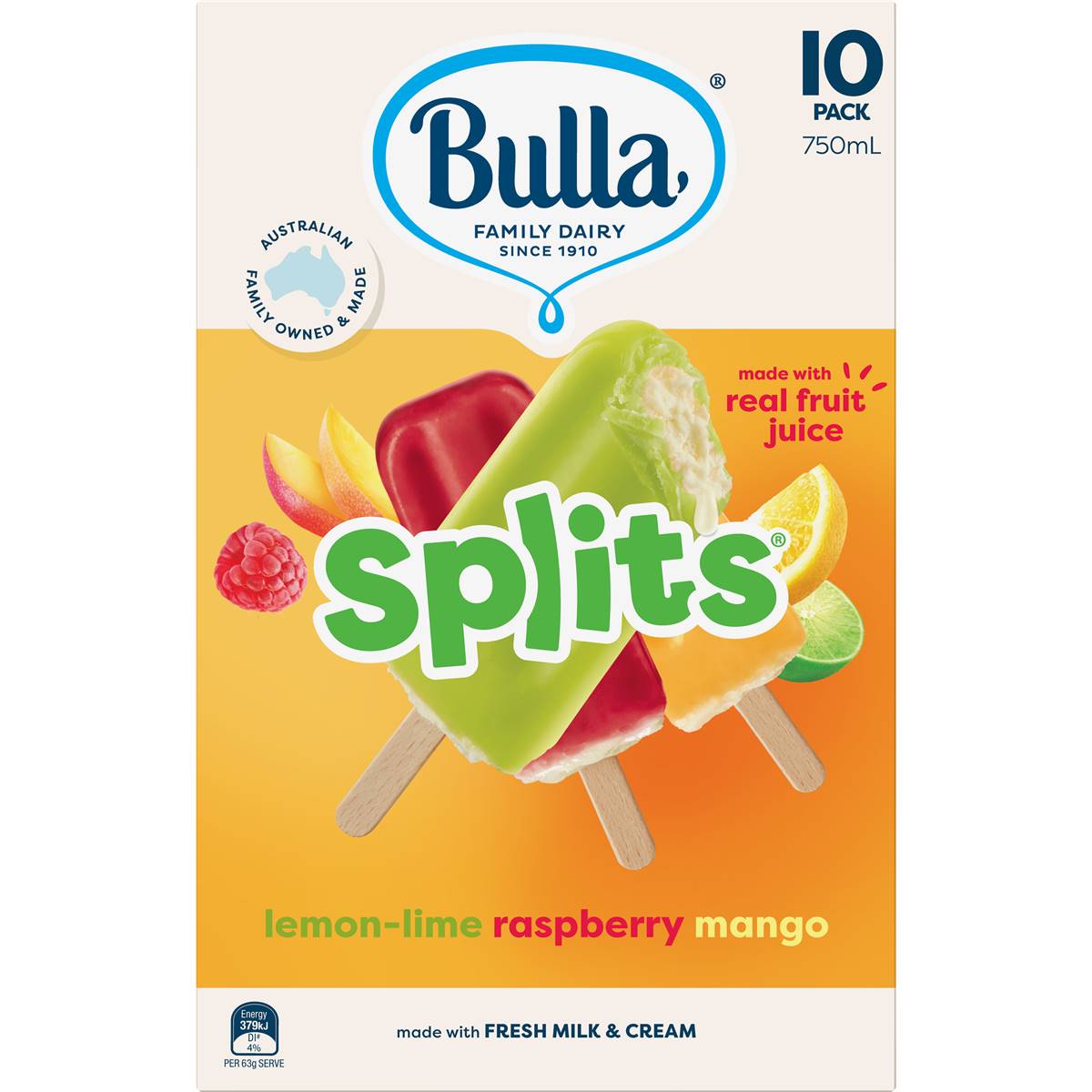 Bulla Splits Multipack Raspberry, Mango & Lemon Lime 10 Pack | Woolworths