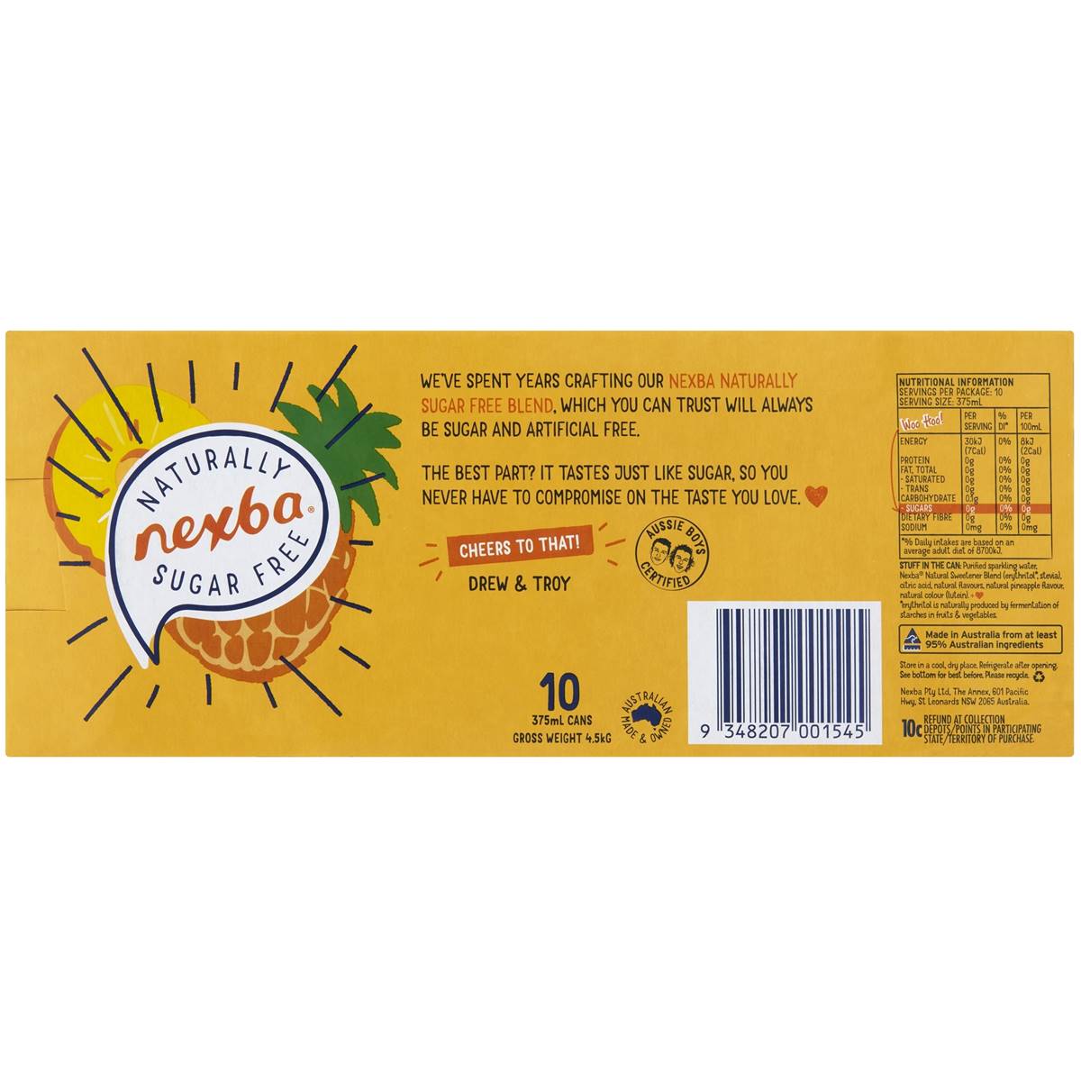 Nexba Pineapple Sugar-free Sparkling Soda Cans 375ml X10 Pack | Woolworths