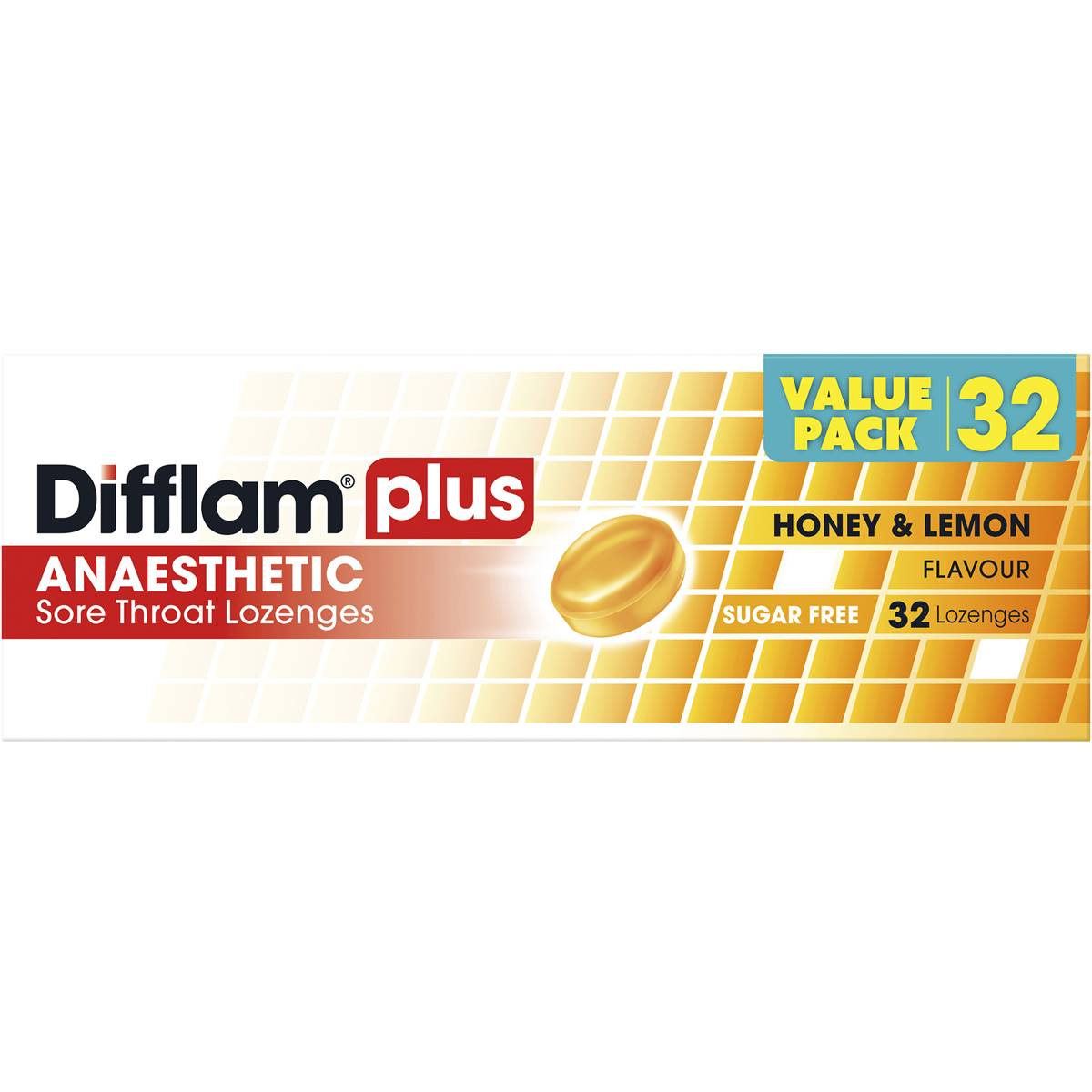 Difflam Plus Anaesthetic Sore Throat Lozenges Honey & Lemon 32 Pack ...