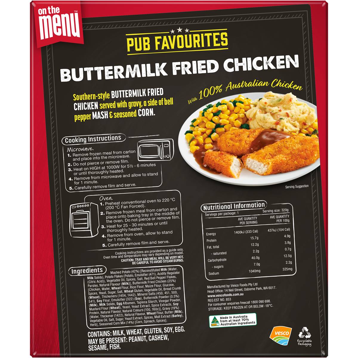 On The Menu Pub Favourites Buttermilk Fried Chicken Frozen Meal 320g ...