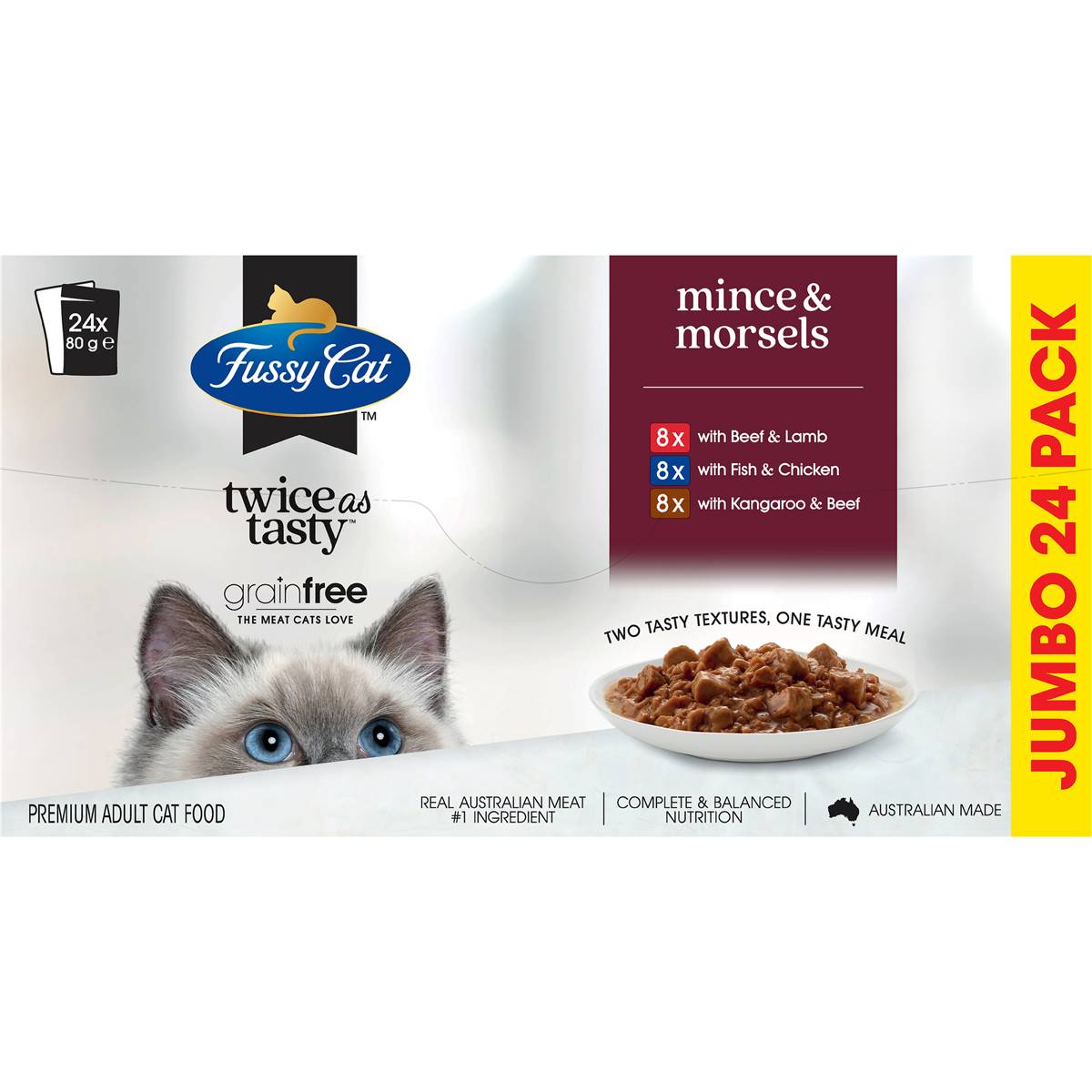 Fussy Cat Grain Free Adult Wet Cat Food Mince & Morsels 80g X24 Pack ...