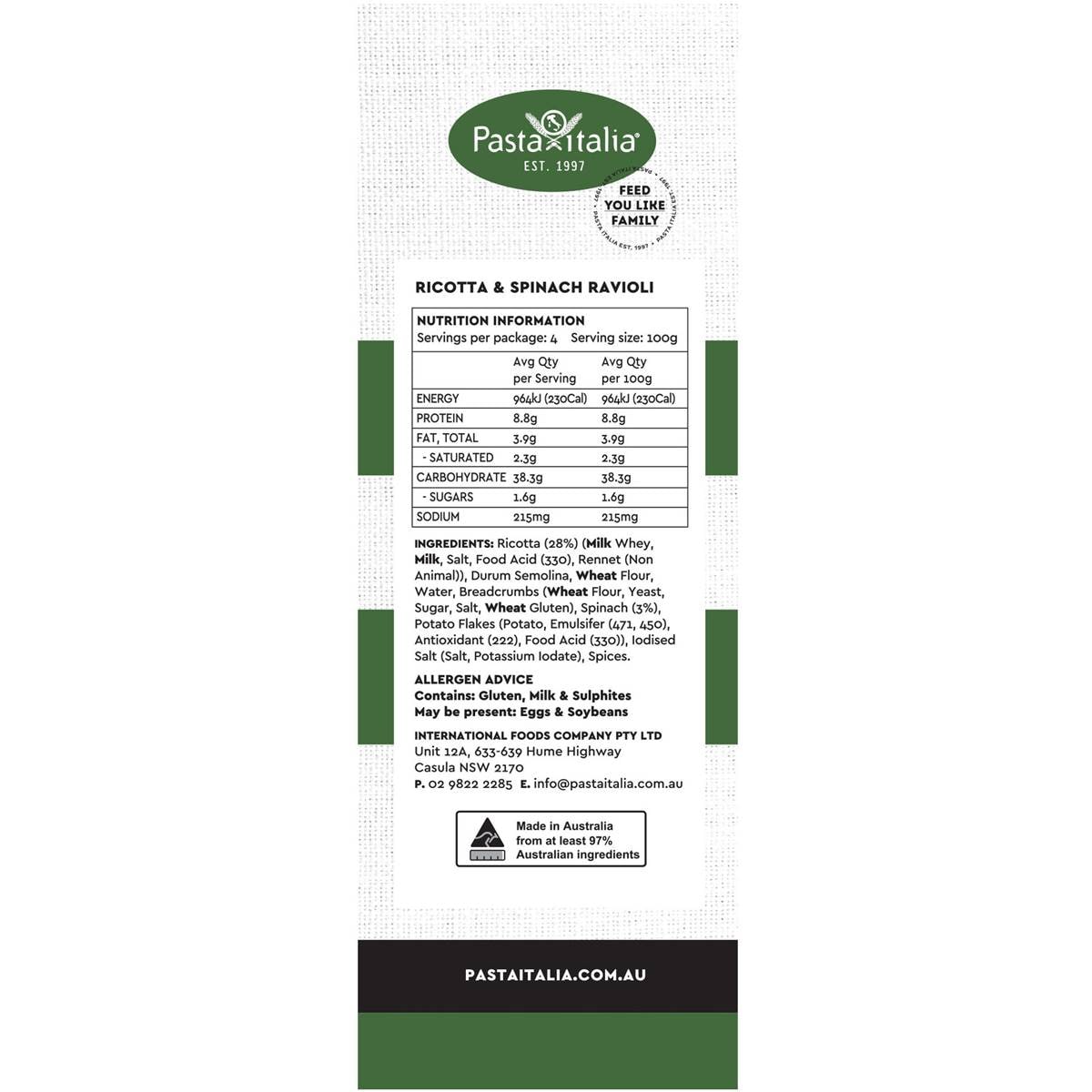 Pasta Italia Spinach & Ricotta Ravioli 400g | Woolworths