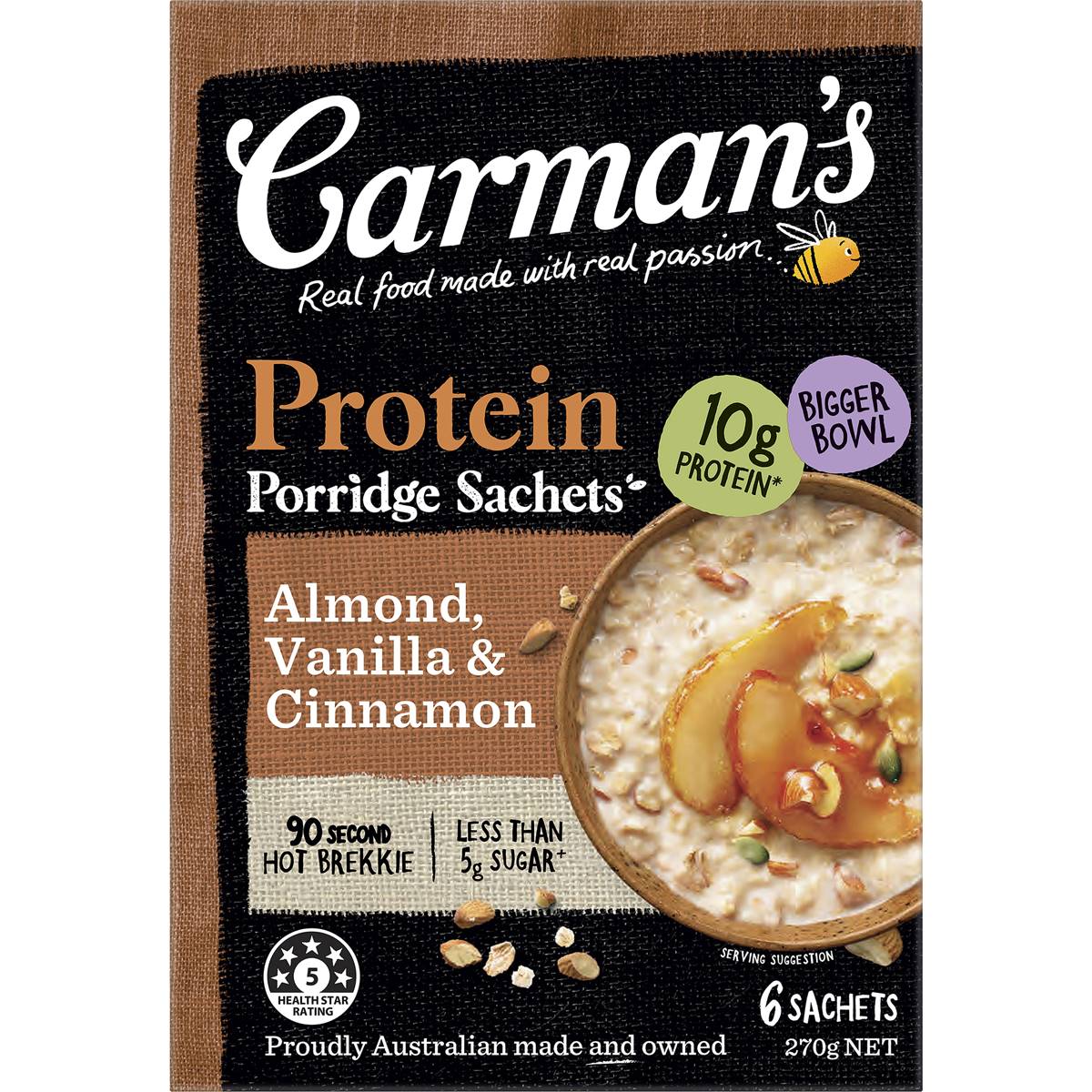 Carman's Porridge Sachets Protein Rich Almond, Vanilla & Cinnamon 6 ...