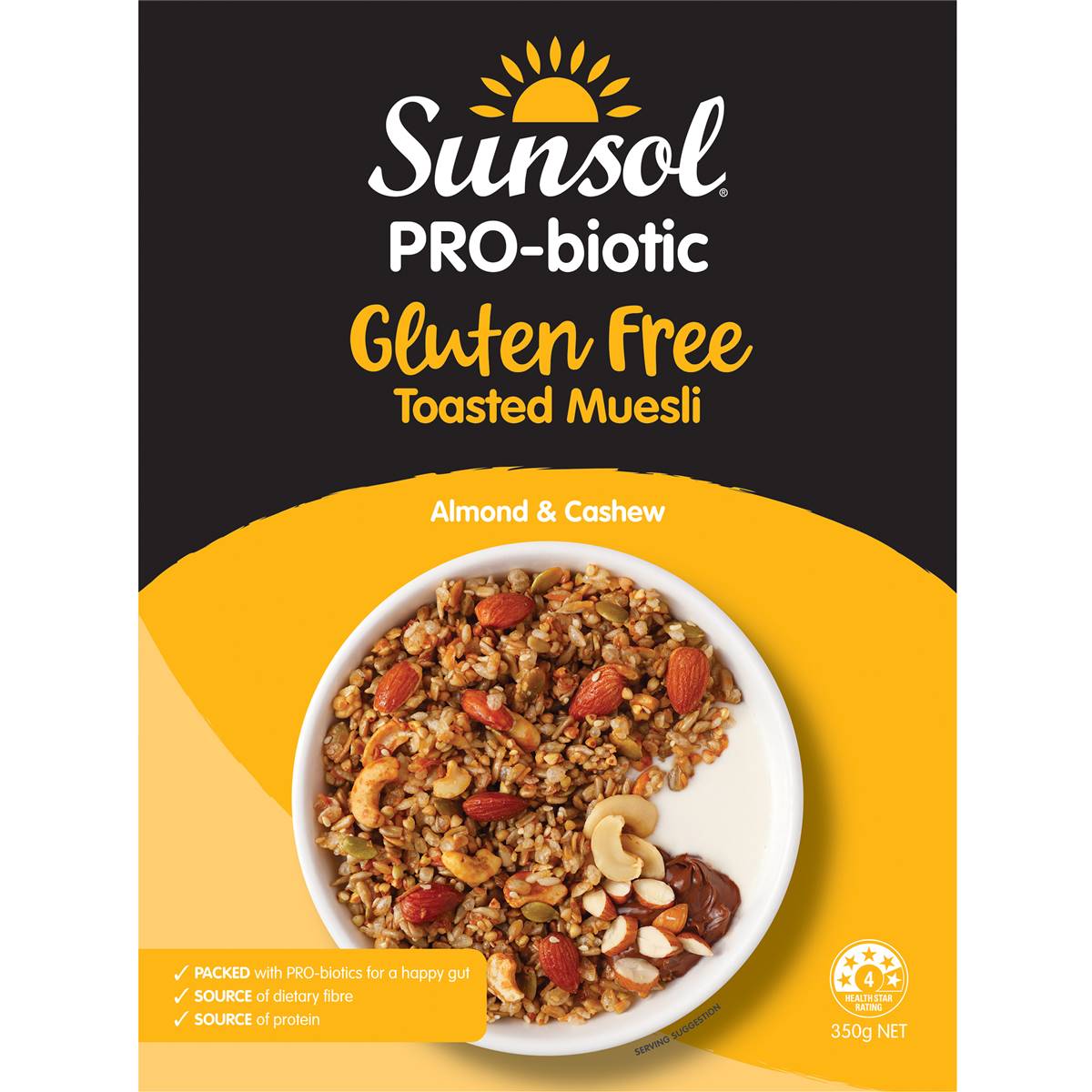 Sunsol Probiotic Gluten Free Toasted Muesli Almond Cashew 350g Sunsol Probiotic Gluten Free Toasted Muesli Almond Cashew 350g