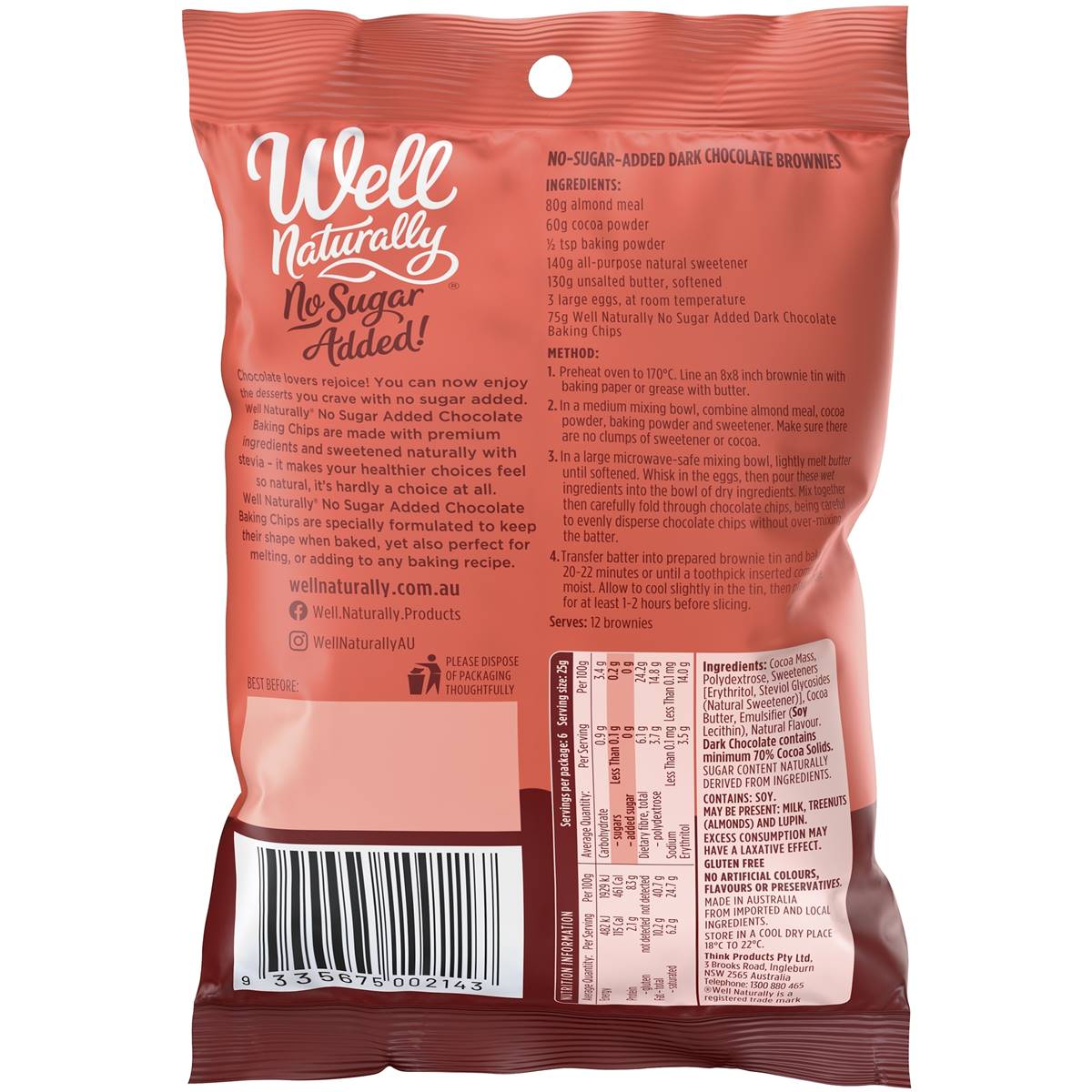 Well Naturally No Sugar Added Baking Chips Dark Chocolate 150g | Woolworths