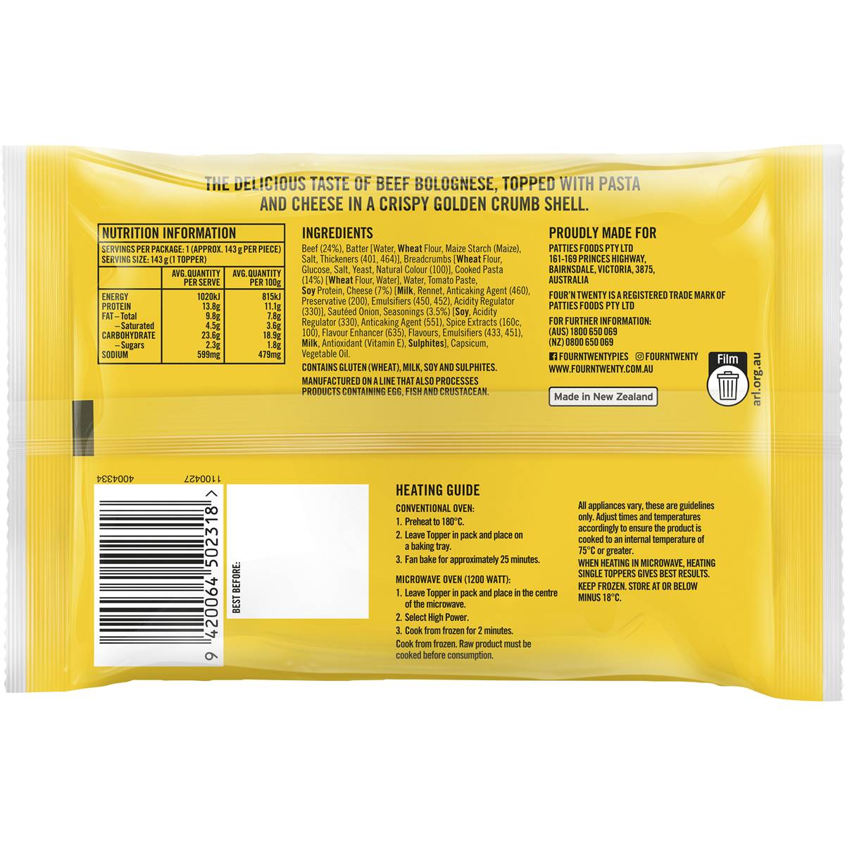 Four'n Twenty Traveller Lasagne Topper 143g | Woolworths