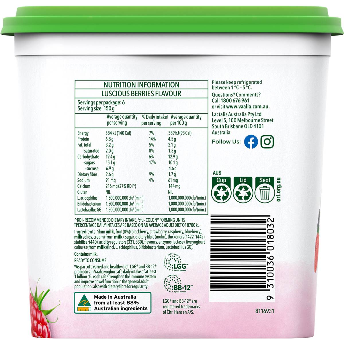 Vaalia Probiotic Yoghurt Luscious Berries 900g | Woolworths