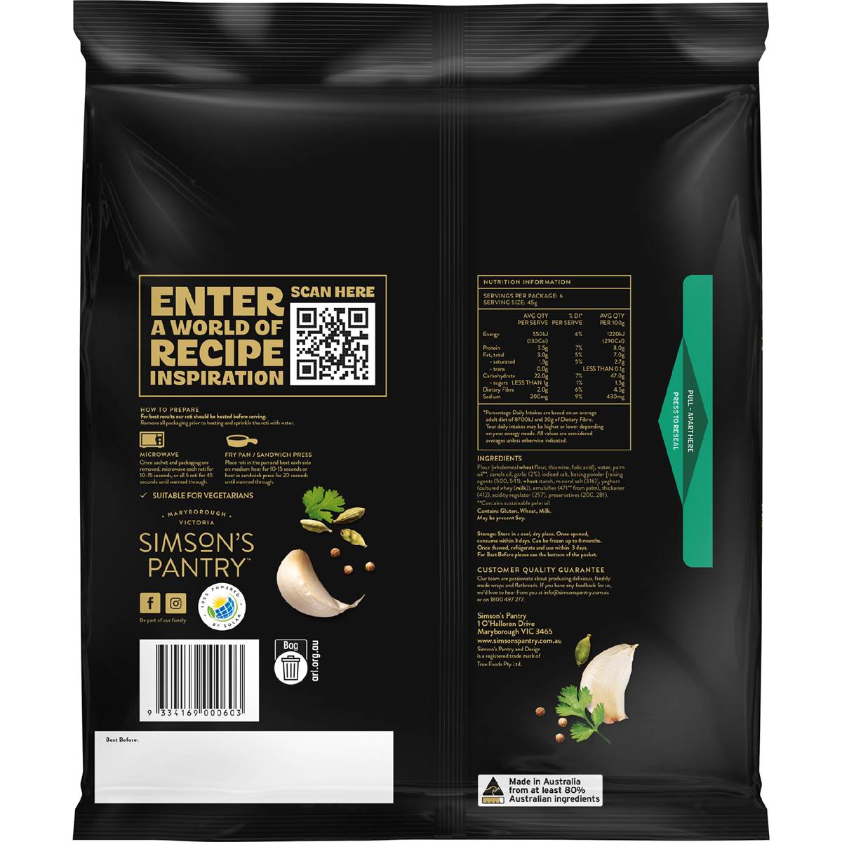 Simson's Pantry Authentic Roti Garlic 6 Pack | Woolworths