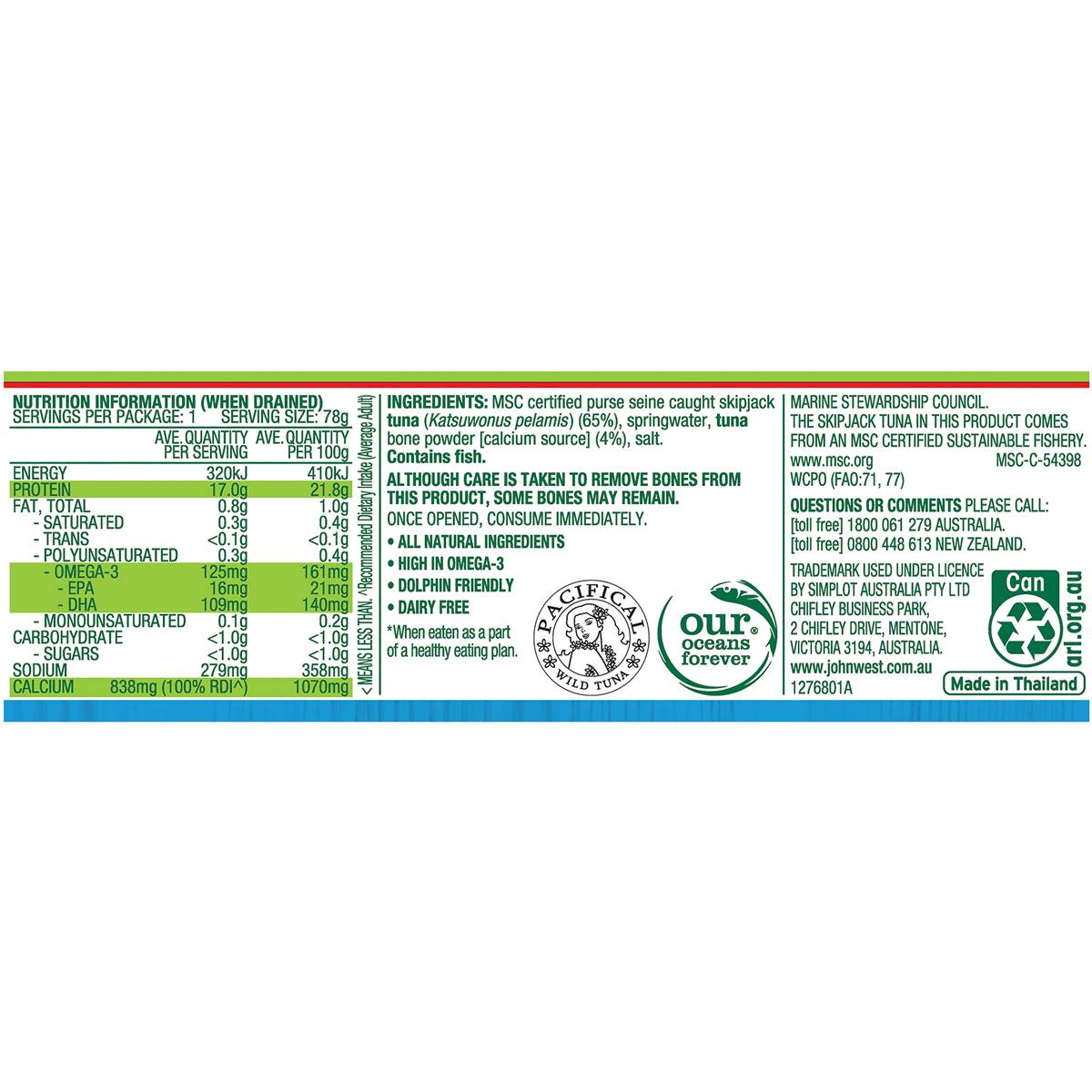 John West Calcium Rich Tuna Springwater 90g | Woolworths