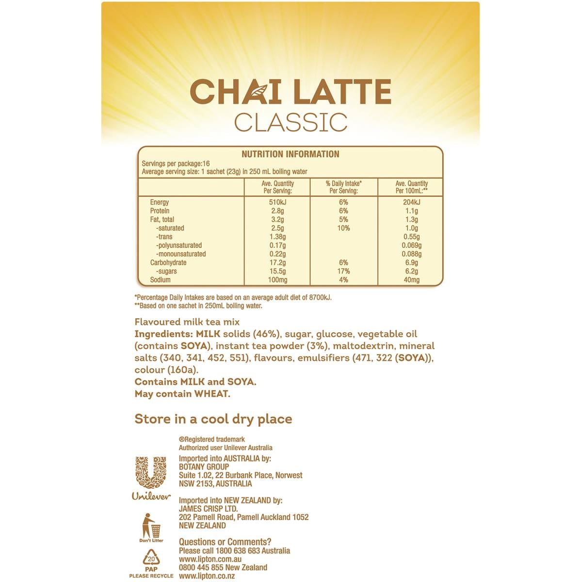 Lipton Chai Latte Classic 16 Pack | Woolworths