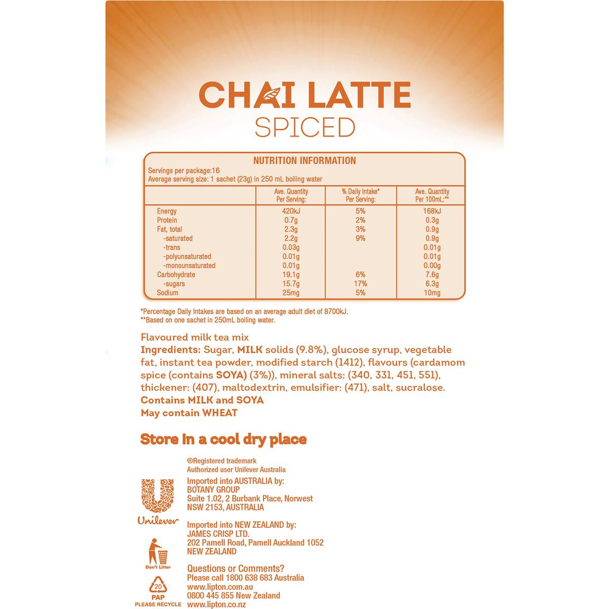 Lipton Chai Latte Spiced 16 Pack | Woolworths