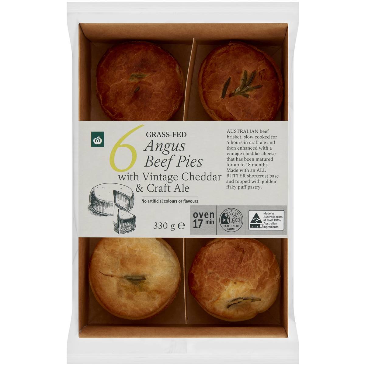 Woolworths Grass-fed Angus Beef Pies With Cheddar & Ale 6 Pack | Woolworths