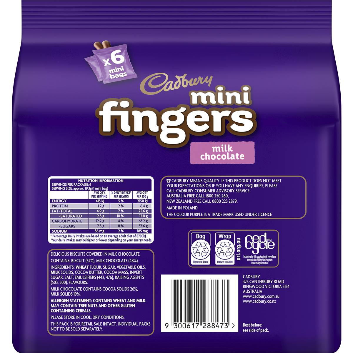 Cadbury Mini Fingers Biscuits Mini Bags Multipack 116g | Woolworths