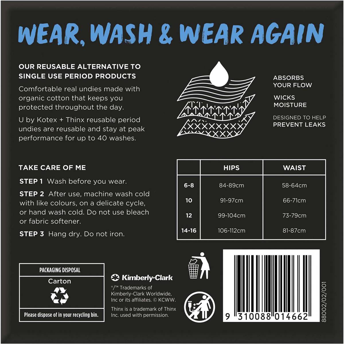 U By Kotex Thinx Period Underwear Black Bikini Size 10 1 Pack | Woolworths