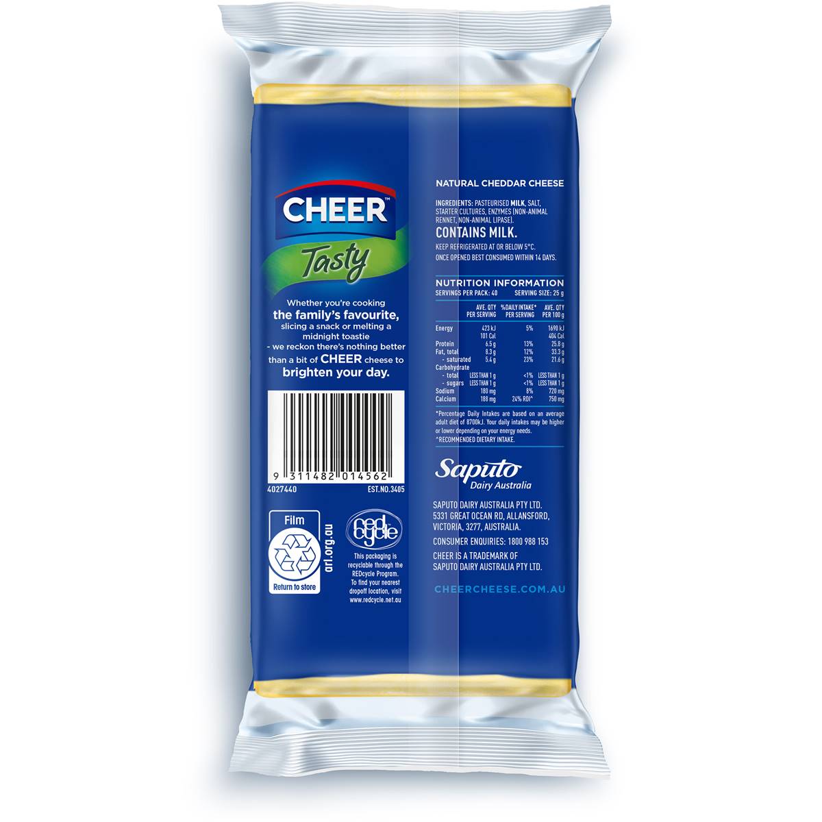 Cheer Cheese Block Tasty 1kg | Woolworths