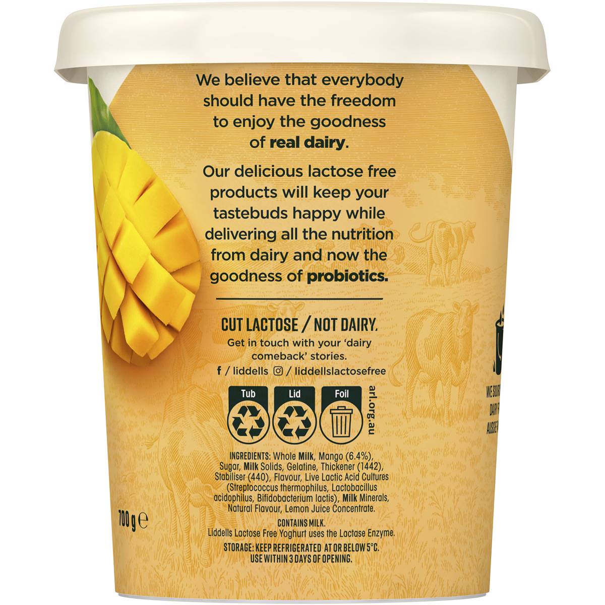 Liddells Lactose Free Probiotic Yoghurt Mango 700g | Woolworths
