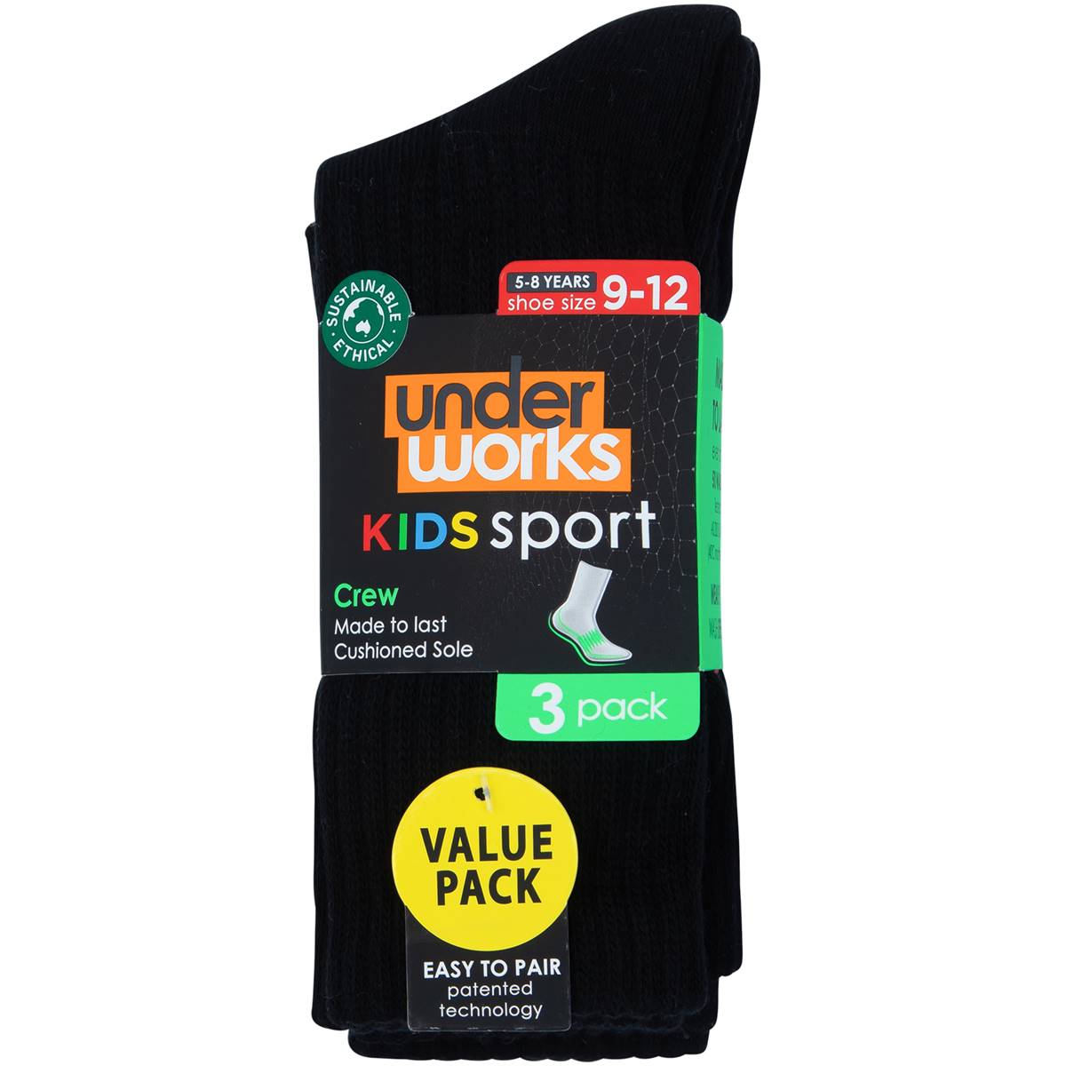 Underworks Kids Sport Crew White 3 Pack | Woolworths