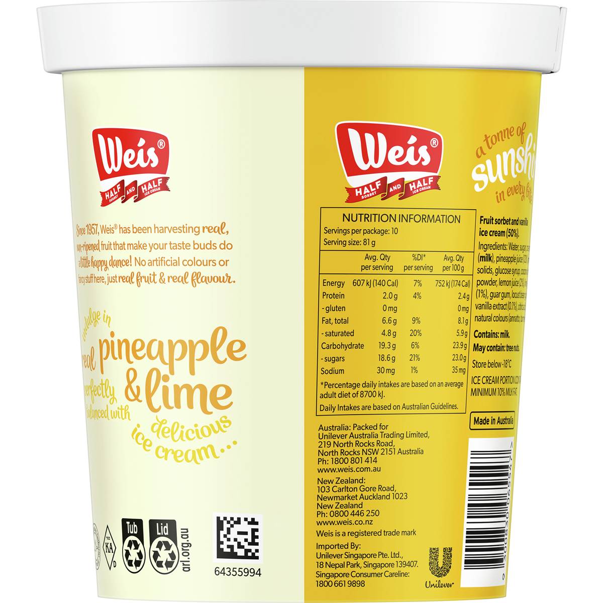 Weis Half & Half Pine, Lime & Vanilla Ice Cream And Sorbet 1l | Woolworths