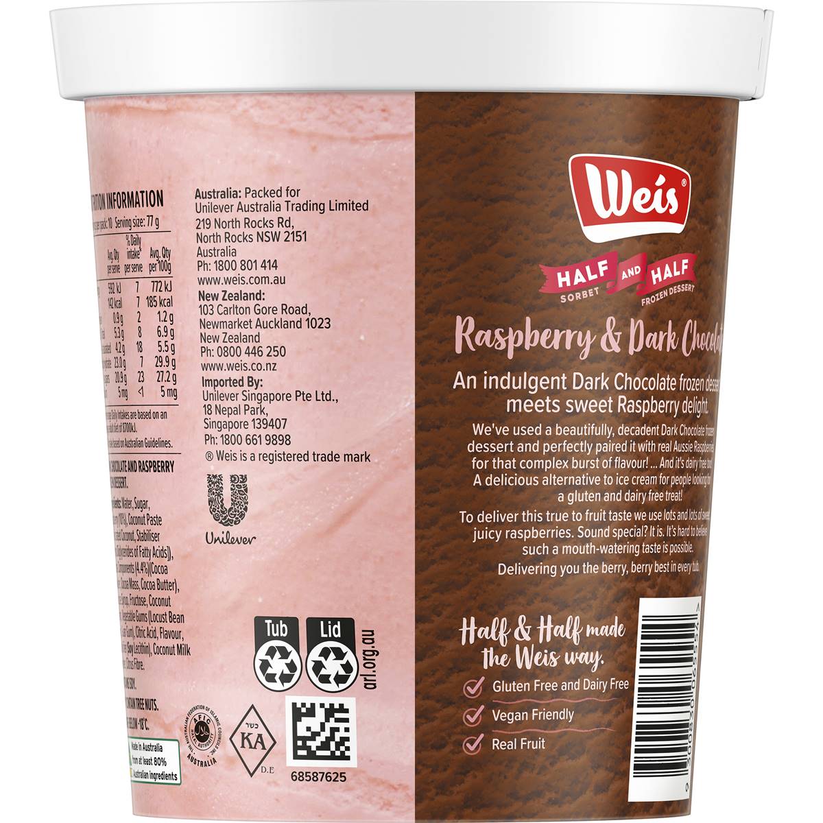 Weis Half & Half Dairy Free Raspberry & Dark Chocolate 1l | Woolworths
