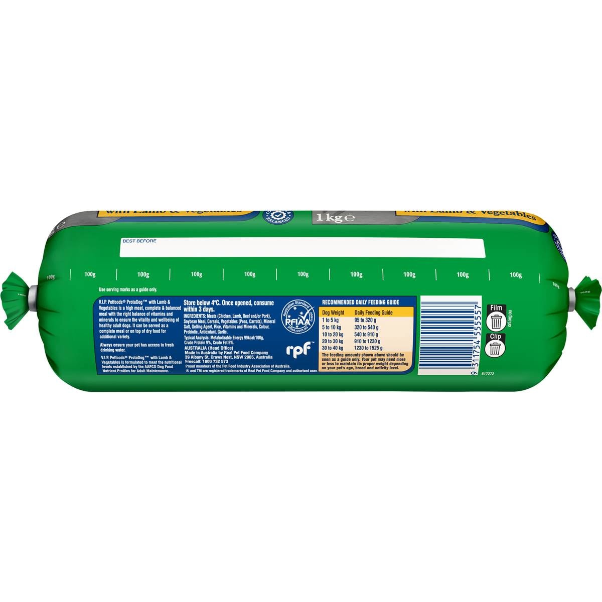 Prota Adult Dog Food Lamb & Vegetable Roll 1kg | Woolworths