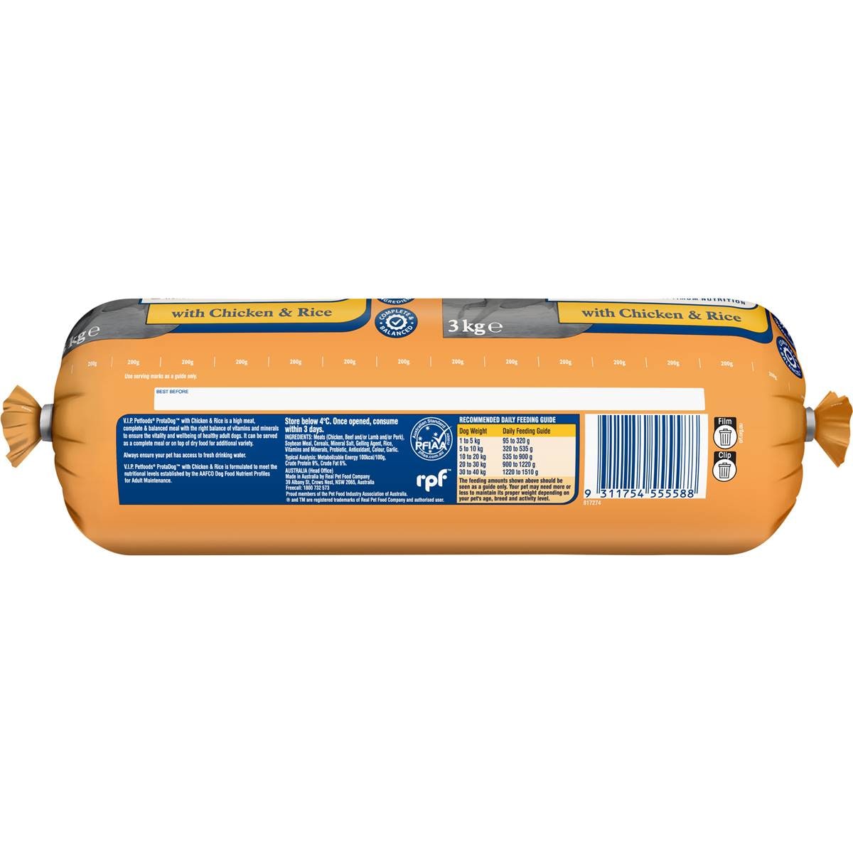 V.i.p. Prota Pak Adult Chilled Fresh Dog Food Roll Chicken & Rice 3kg ...