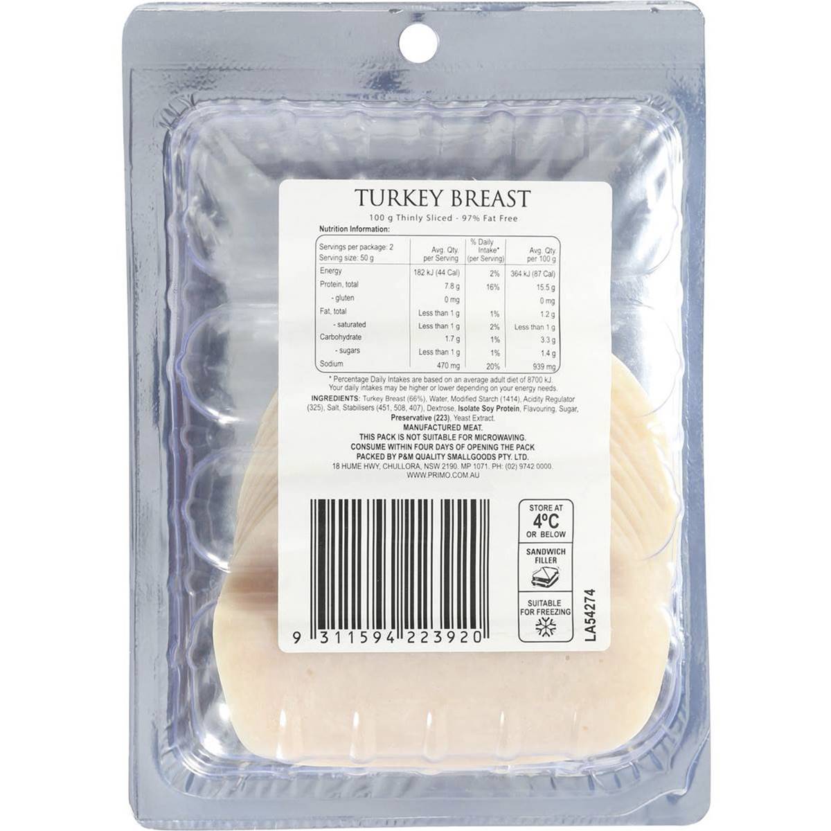 Primo Turkey Breast Thin Sliced 97% Ff 100g | Woolworths