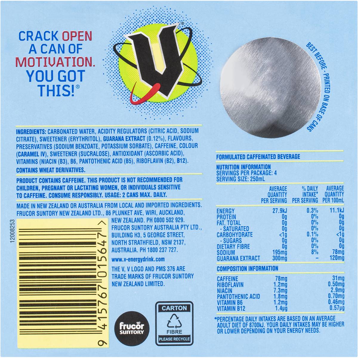 V Energy Sugarfree Blue Guarana Energy Drink 250mlx 4pack | Woolworths