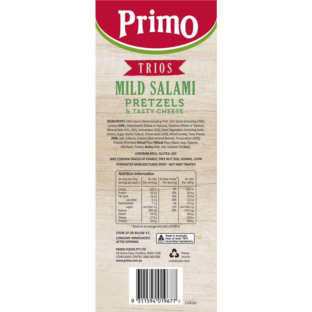 Primo Trios Mild Salami Cheese & Pretzels 50g | Woolworths