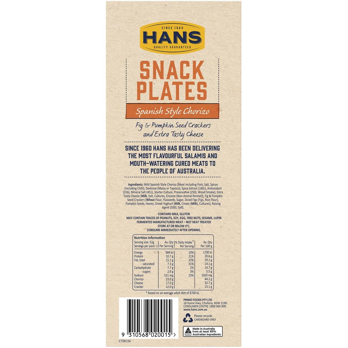 Hans Snack Plates Spanish Style Chorizo 52g | Woolworths