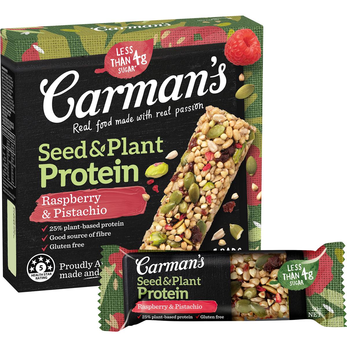 Carman's Raspberry & Pistachio Protein Bar 150g 5 Pack | Woolworths