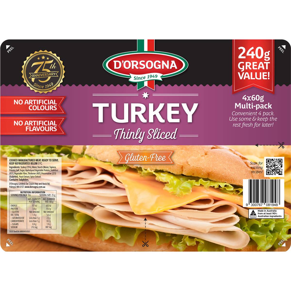 D'orsogna Turkey Thinly Sliced 60g X4 Pack | Woolworths