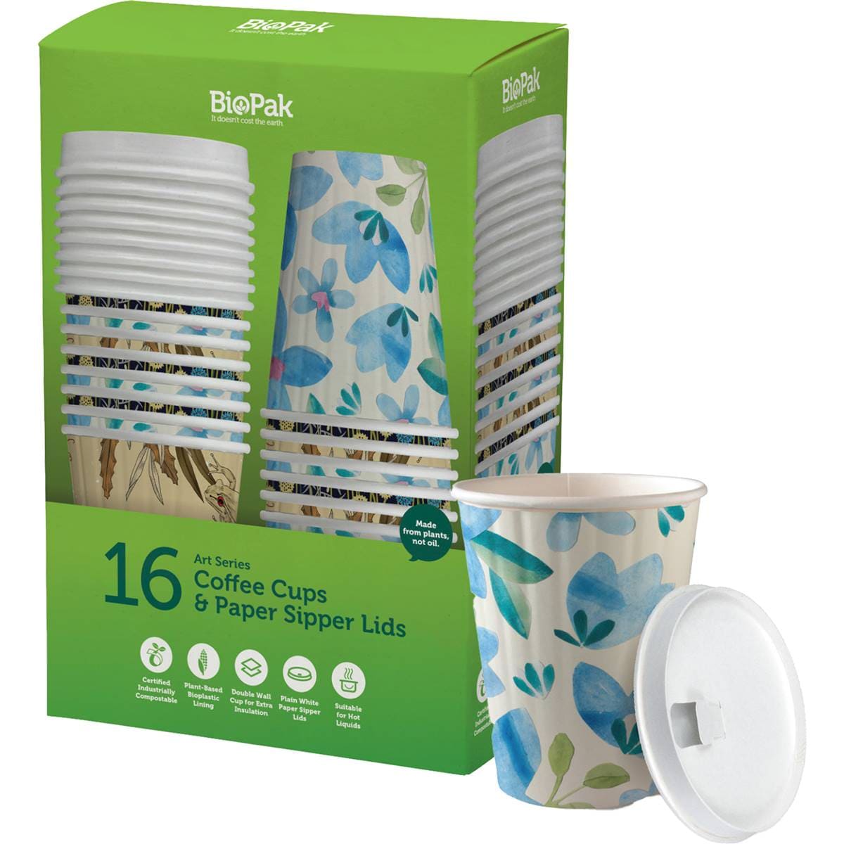 Biopak Art Series Cofffee Cups & Paper Sipper Lids 16 Pack | Woolworths