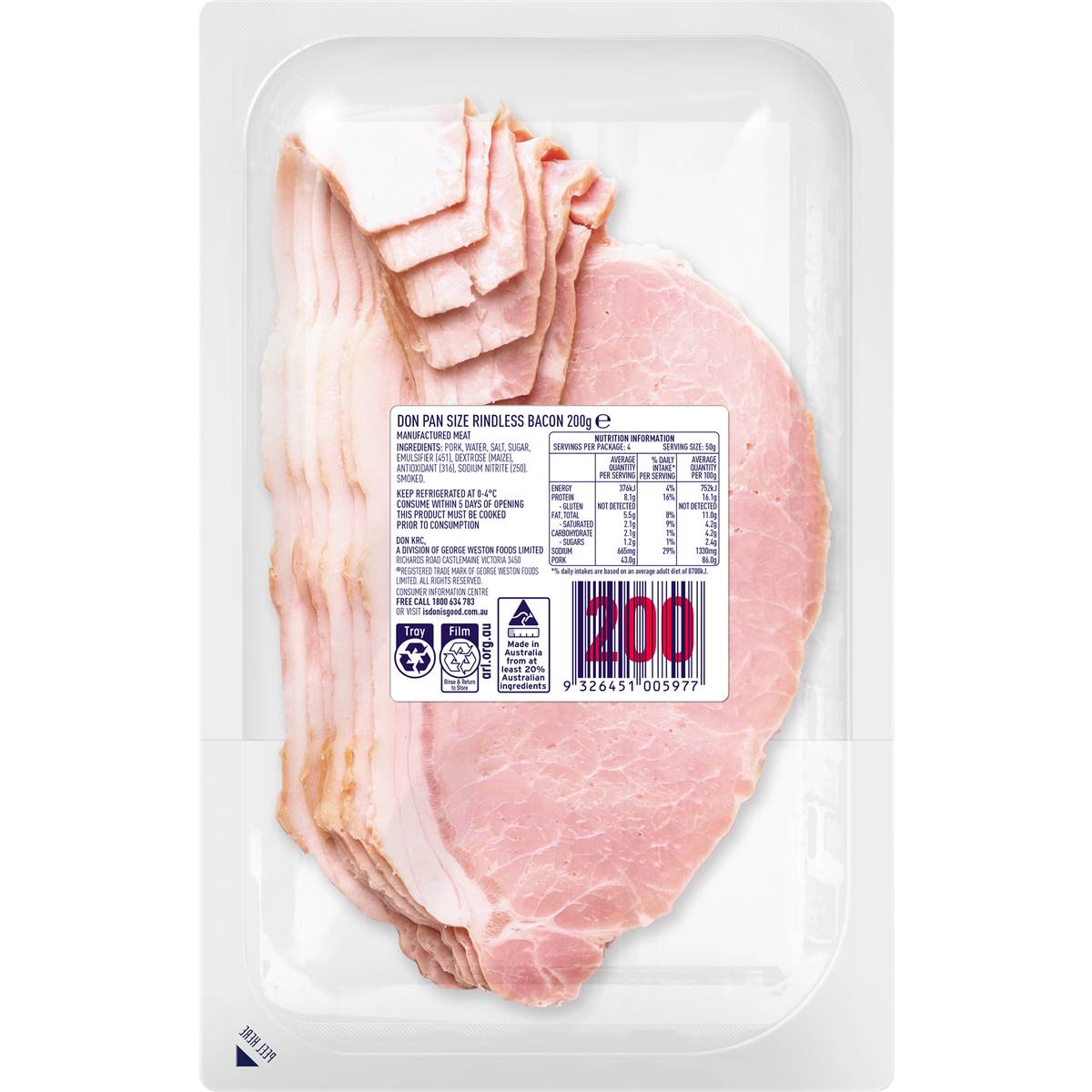 Don Bacon Pan Size Rindless 200g | Woolworths