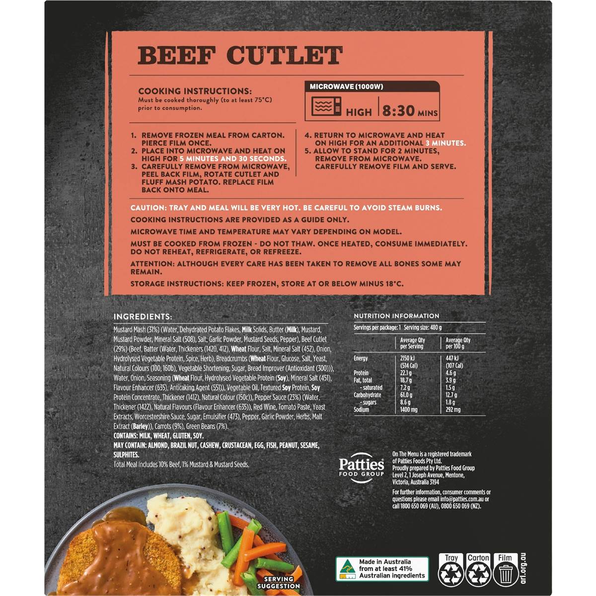 On The Menu Big Feast Beef Cutlet With Mash Frozen Meal 480g | Woolworths