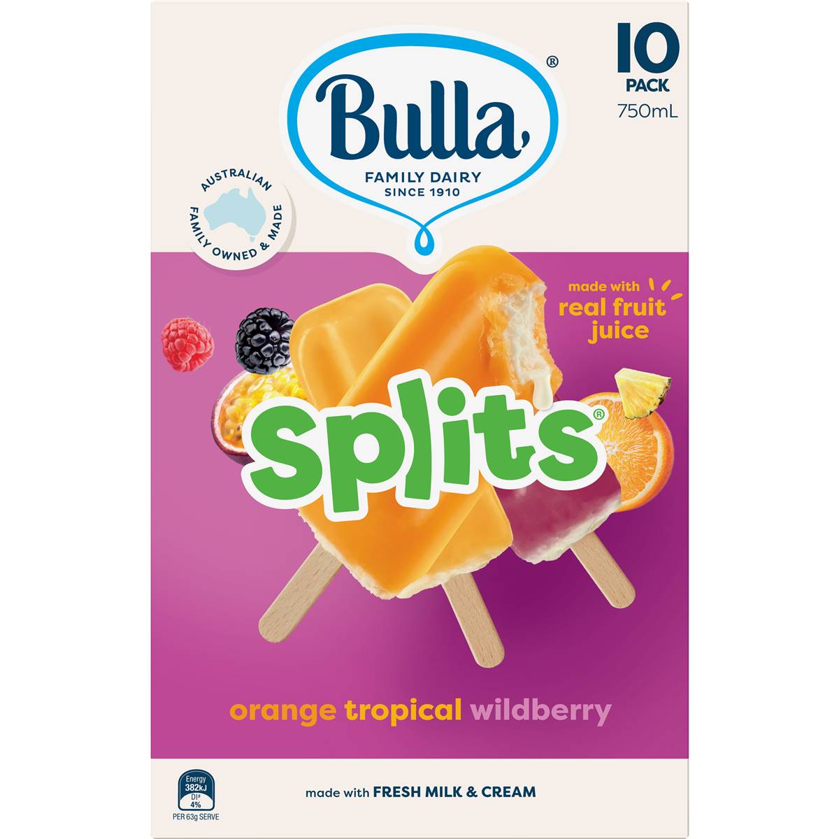 Bulla Splits Ice Cream Wildberry Orange Tropical 10 Pack | Woolworths