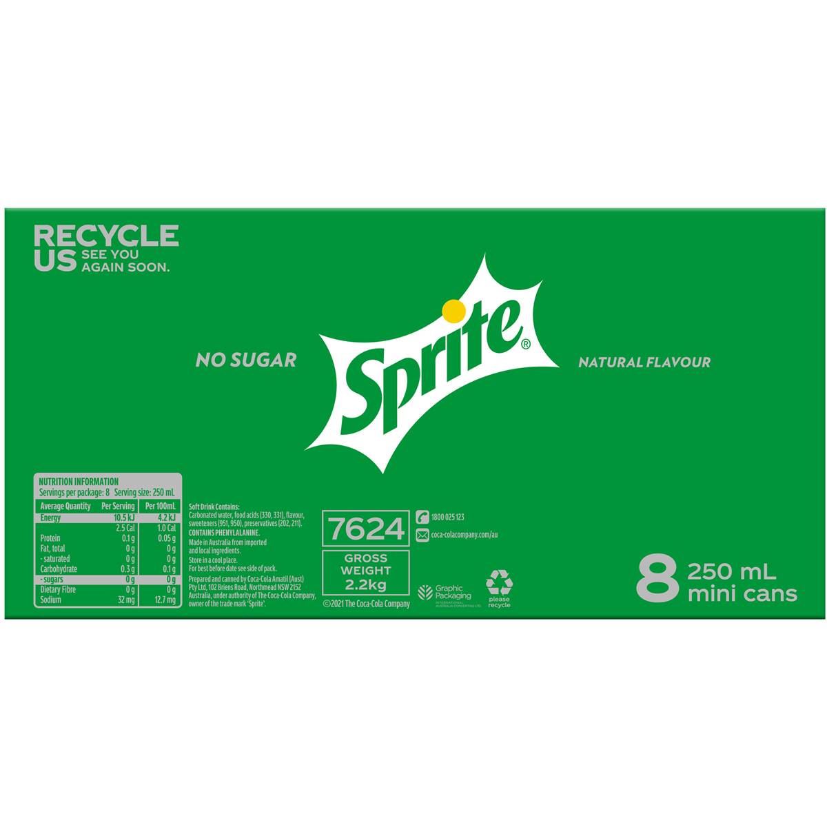 Sprite No Sugar Lemonade Soft Drink Multipack Mini Cans 8 X250ml ...