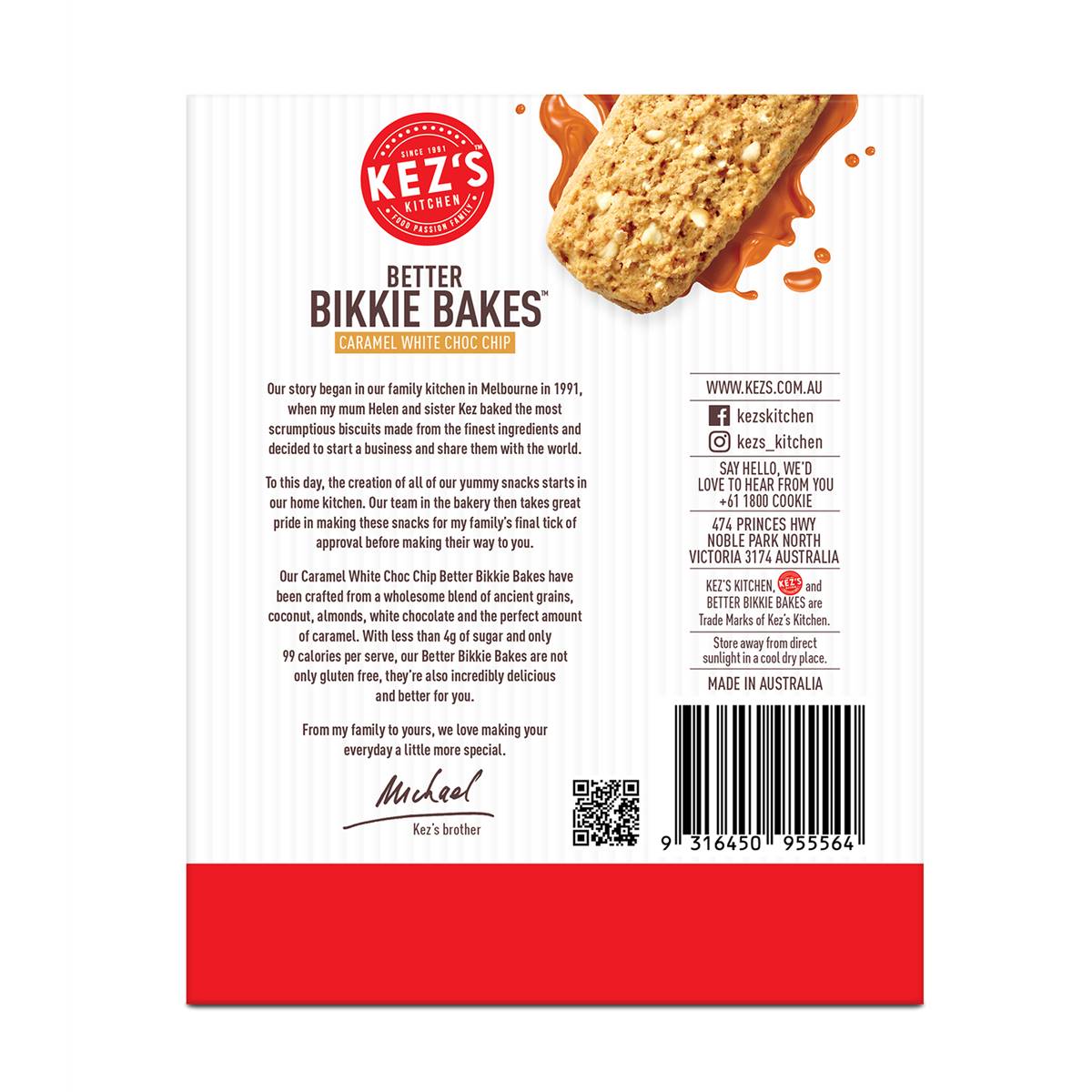 Kez's Kitchen Better Bikkie Bakes Caramel White Choc Chip 120g | Woolworths