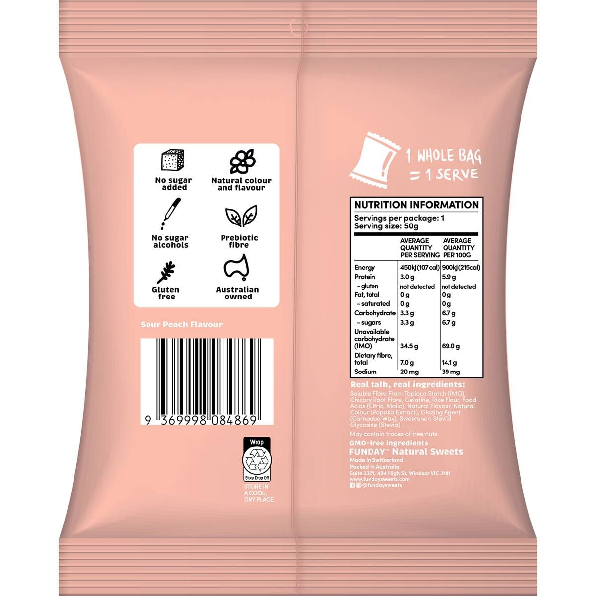 Funday Natural Sweets No Sugar Added Lollies Sour Peach Hearts 50g ...