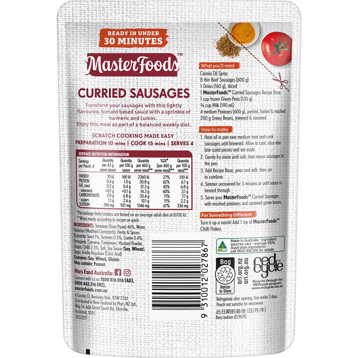 Masterfoods Recipe Base Curried Sausages 175g | Woolworths