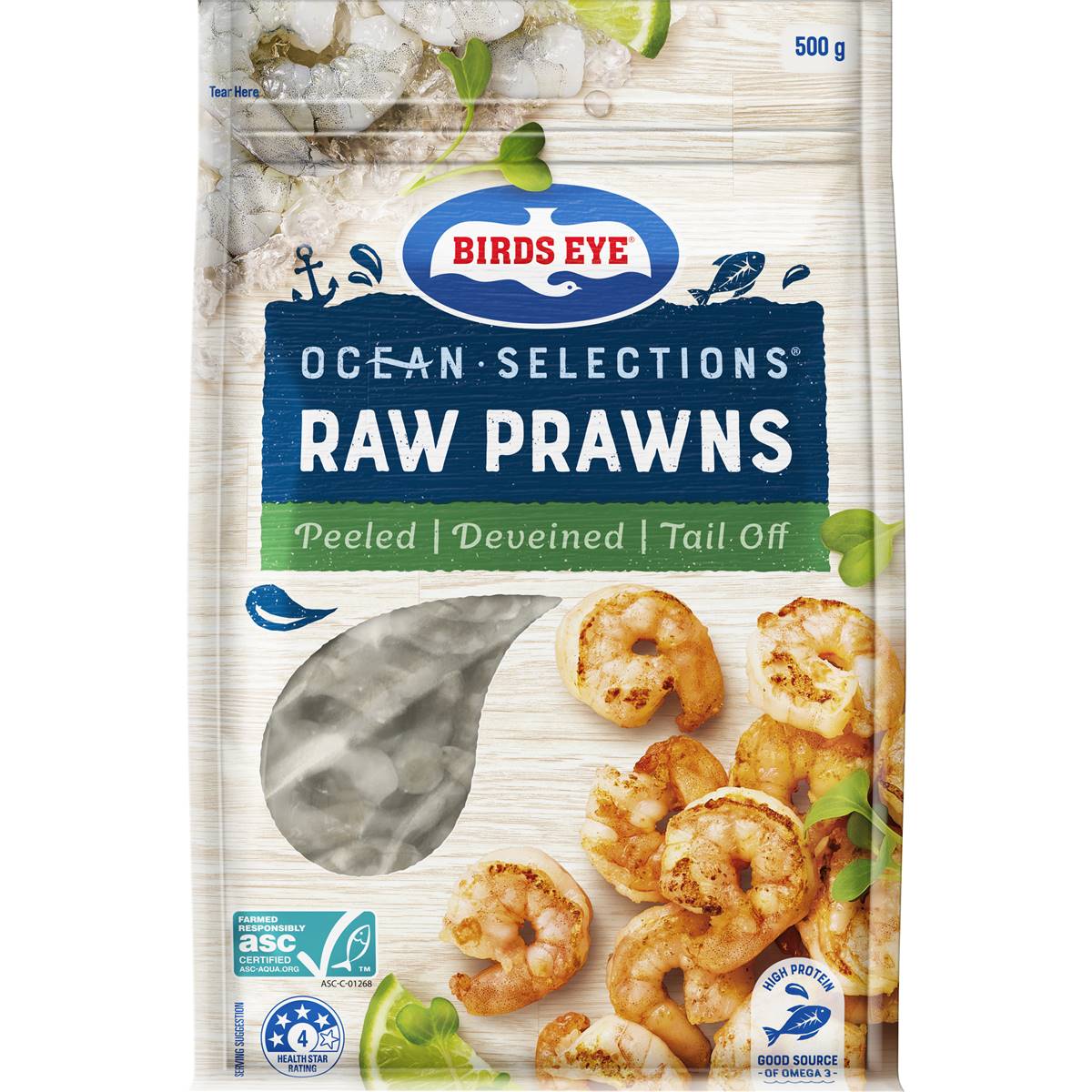 Birds Eye Ocean Selections Raw Prawns Frozen, Peeled & Tail Off 500g ...